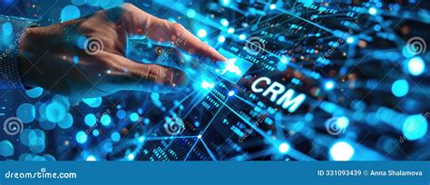 Hand Pointing At Digital Crm Interface With Futuristic Data Visualization And Blue Neon Lights