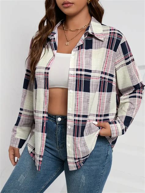 플러스 사이즈 캐주얼 블라우스 여성용 프린트 롱 슬리브 라펠 칼라 버튼 업 슬라이트 스트레치 블라우 Temu