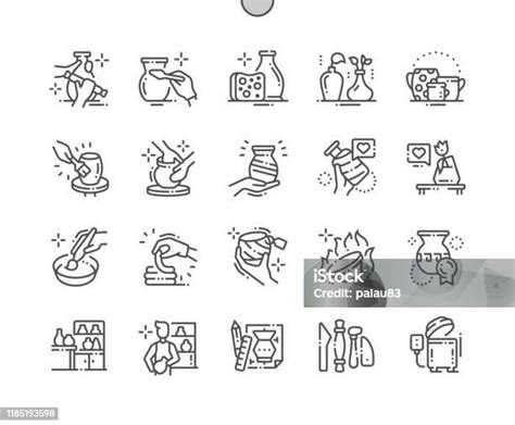 도자기 생산 잘 만들어진 픽셀 완벽한 벡터 얇은 라인 아이콘 30 웹 그래픽 및 응용 프로그램을위한 그리드 2x 간단한 최소한의 그림 도자기에 대한 스톡 벡터 아트 및 기타