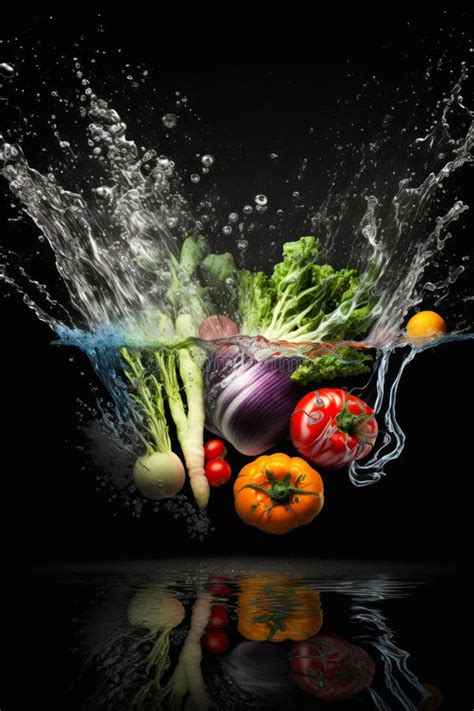 Bunch Of Vegetables Are Splashing Into The Water Generative Ai Stock Illustration