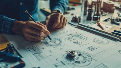 Close Up Of A Design Engineer S Hands Sketching Technical Diagrams Stock Image Image Of