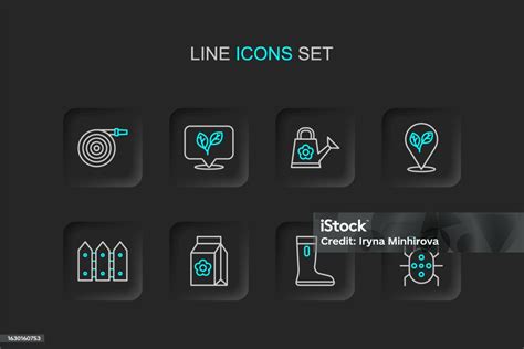 세트 라인 콜로라도 딱정벌레 방수 고무 장화 전체 씨앗 포장 정원 울타리 나무 잎이있는 위치 물 뿌리개 잎 및 호스 아이콘 벡터 0명에 대한 스톡 벡터 아트 및 기타 이미지