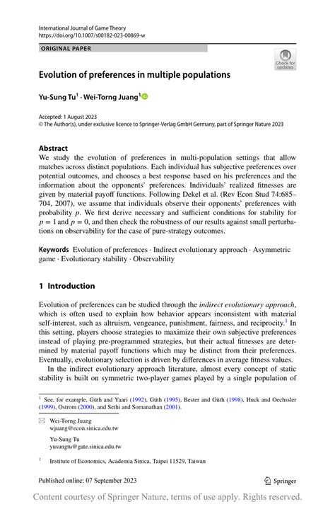 Evolution Of Preferences In Multiple Populations Request Pdf