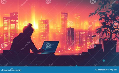 Woman Coding In Silhouette With Cityscape At Sunset Stock Illustration Illustration Of
