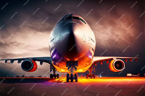 조명이 켜진 활주로에서 상업용 화물을 운송하기 위한 화물 항공기 프리미엄 사진