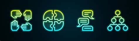 라인 프로젝트 팀 베이스 퍼즐 조각 말풍선 채팅 및 계층 조직 차트를 설정합니다 빛나는 네온 아이콘입니다 벡터 Brand Name Online Messaging