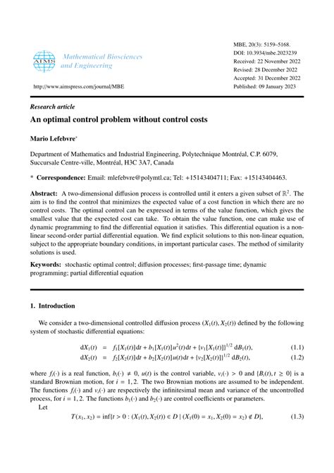 Pdf An Optimal Control Problem Without Control Costs