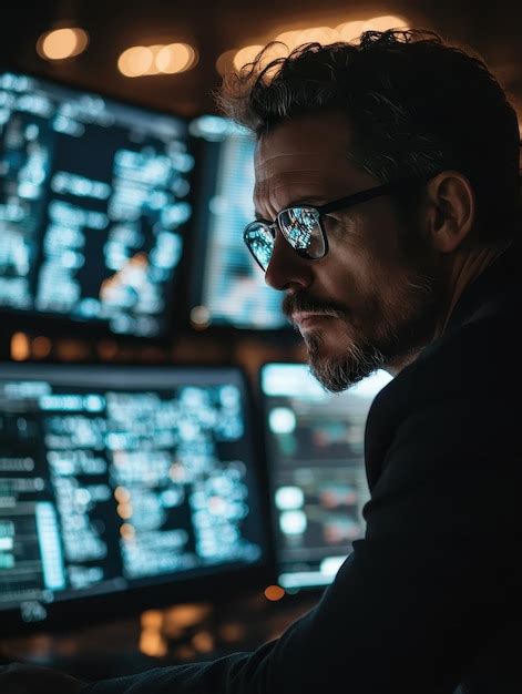 Cybersecurity Expert Analyzing Data On Multiple Screens In A Dark Room Premium AI Generated Image