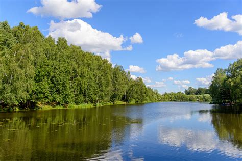 푹신한 흰 구름과 함께 밝은 푸른 하늘 아래 잔잔한 물에 반사되는 무성한 녹색 나무로 둘러싸인 고요한 호수 손길이 닿지 않은 자연의 아름다움 0명에 대한 스톡 사진 및 기타