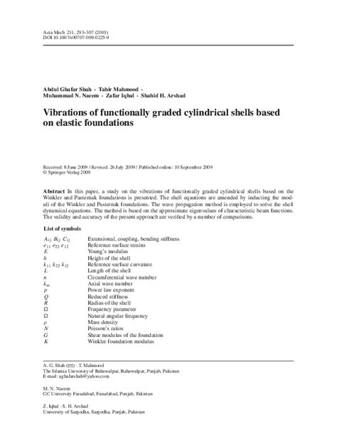 Pdf Vibrations Of Functionally Graded Cylindrical Shells Based On Elastic Foundations