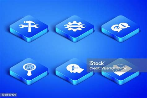 설정 업로드 받은 편지함 교차 망치와 렌치 인간의 머리 서비스 돋보기 아래 미생물 렌치 기어와 질문 느낌표 아이콘 벡터 3차원 형태에 대한 스톡 벡터 아트 및 기타 이미지