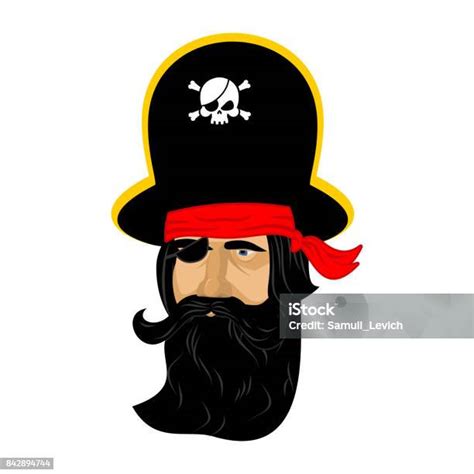 Ppirate 모자에 초상화입니다 눈 패치와 금연 파이프입니다 필리 모자입니다 뼈와 두개골 검은 머리 해 적의 수염 눈 신체 부분에 대한 스톡 벡터 아트 및 기타 이미지