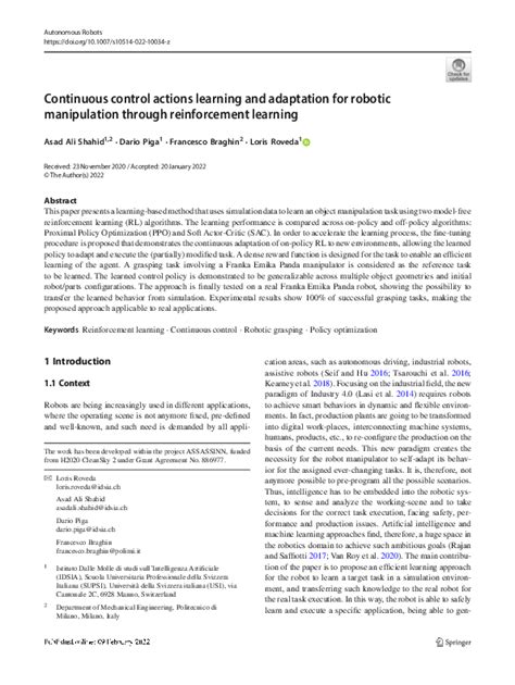 Pdf Continuous Control Actions Learning And Adaptation For Robotic