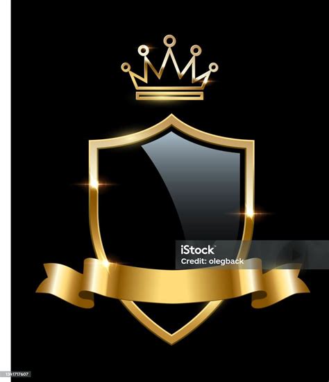 황금 프레임 크라운 리본 유리 방패 골드 전령 엠블럼 벡터 일러스트레이션 빛나는 반짝임이 있는 복고풍 럭셔리 요소 헤럴드 휘장 검은 배경에 골동품 장식 방패에 대한 스톡