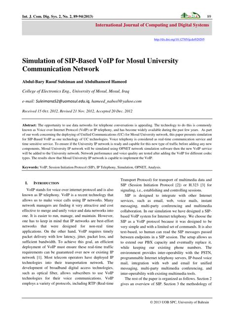 pdf simulation of sip based voip for mosul university communication