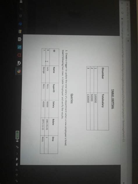 Solved Sql Lab 7 Triggers Table Employee Dno Bdate Salary