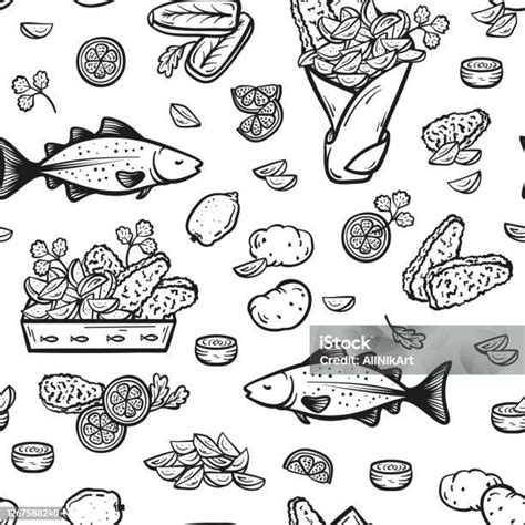 피시 앤 칩스 벡터 원활한 패턴 패스트 푸드 배경 생및 튀긴 해산물과 야채 손으로 그린 낙서 스케치 대구 물고기 필레 감자 감자