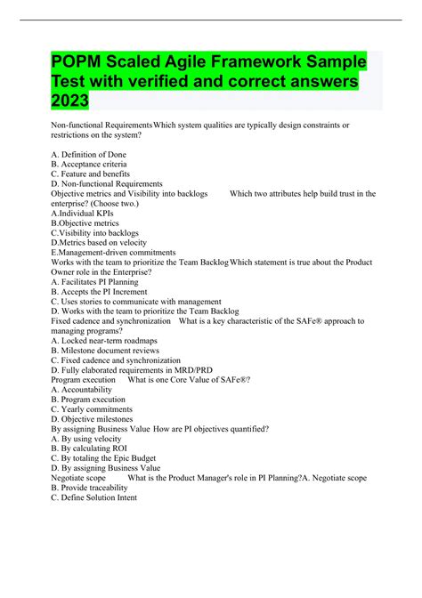 POPM Scaled Agile Framework Sample Test With Verified And Correct Answers POPM Scaled