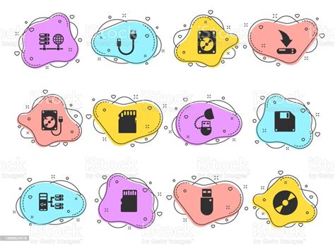 메모리 장치는 흰색 배경에 고립 된 컬러 버블 모양에 벡터 아이콘을 글리프합니다 웹 디자인 모바일 앱 및 Ui 디자인을위한 메모리 장치 아이콘 세트 Usb 케이블에 대한