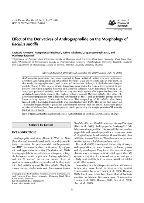 Pdf Effect Of The Derivatives Of Andrographolide On The Morphology Of Bacillus Subtilis