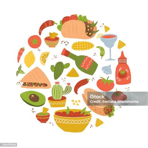 타코 부리토 마가리타 선인장 멕시코 음식 만화 맛있는 개체 기호 및 항목의 다채로운 손으로 그린 세트 둥근 모양 컴포지션 플랫