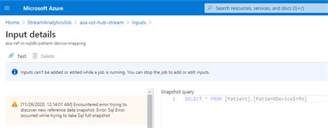 Azure Stream Analytics Reference Input Sql Db Snapshot Error Microsoft Qanda