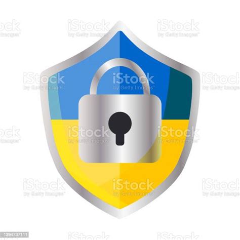 흰색 배경에 고립 된 파란색과 노란색의 회색 금속 자물쇠가있는 방패 벡터 개념에 대한 스톡 벡터 아트 및 기타 이미지 개념