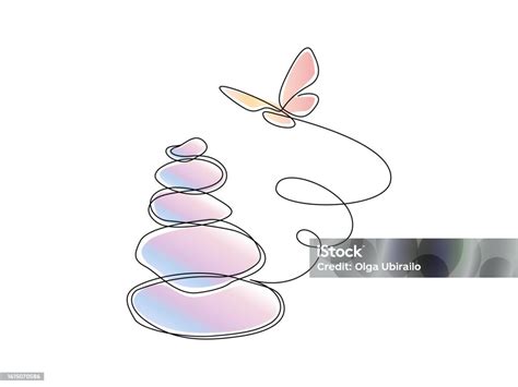 하나의 연속적인 선 그리기에 날아다니는 나비가 있는 자갈 Zen Balance와 명상 영혼을 단순한 선형 스타일로 표현합니다 스파 웰니스 및 마사지 살롱 편집 가능한