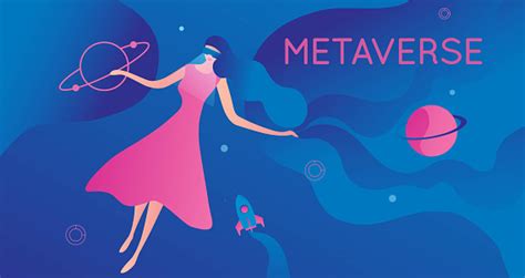 메타버스 컨셉 가상 현실 헤드셋 안경을 착용한 여성 가상 공간과 우주 벡터 일러스트레이션 Brand Name Video Game에 대한 스톡 벡터 아트 및 기타 이미지