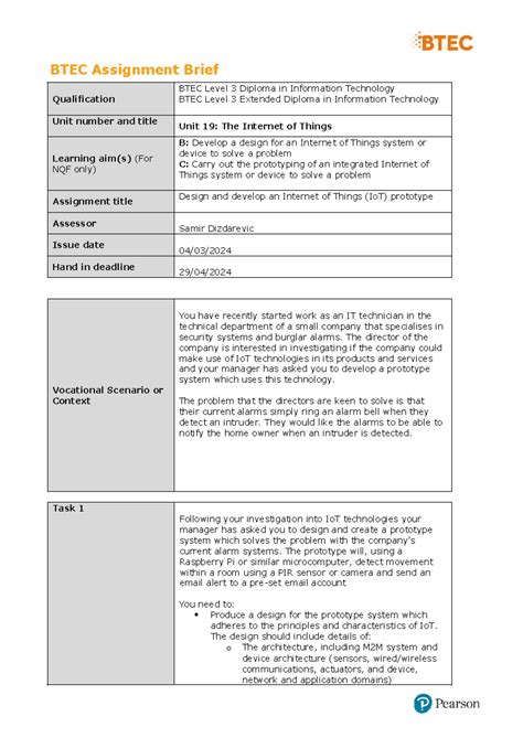 Unit 19 Authorised Assignment Brief For Learning Aim B And C The Internet Of Things Version 1