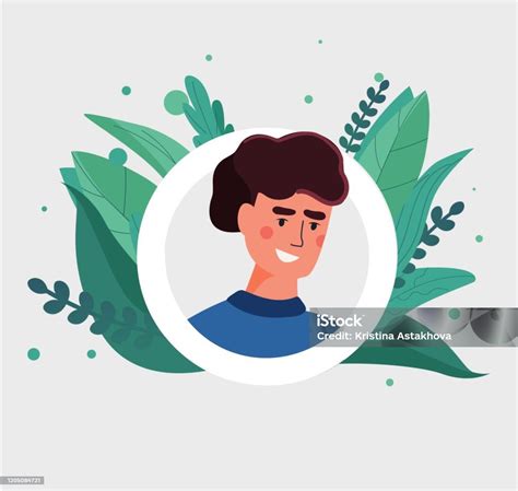 나뭇잎 주위에 갈색 머리를 가진 쾌활한 행복한 젊은 남자의 아바타에 대한 흰색 프레임의 초상화 손 스타일 벡터의 평면 또는 만화 일러스트레이션입니다 개념에 대한 스톡 벡터