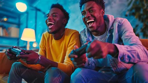 Premium Photo Excited Friends Playing Video Games Over Console At