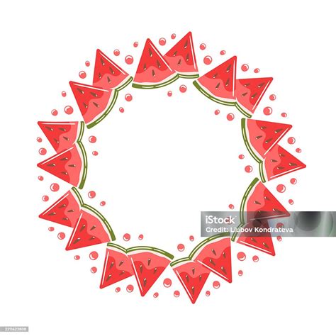수박 조각이 과즙이 많은 붉은 과육과 녹색 껍질을 과시하는 둥근 프레임을 특징으로하는 벡터 그림 어떤 행사나 식사에도 딱 맞으며 여름의 진수와 맛있는 맛을 구현합니다 건강한