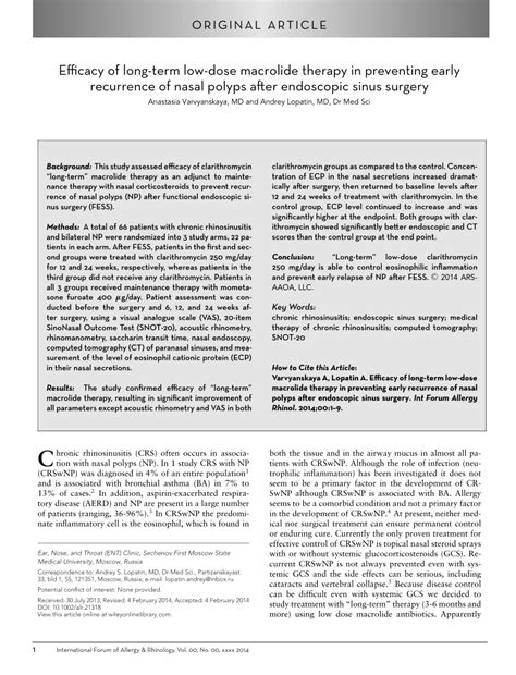 Pdf Efficacy Of Long Term Low Dose Macrolide Therapy In Preventing Early Recurrence Of Nasal