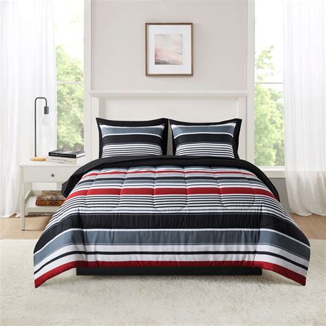 Mainstays 7 Piece Reversible Bed In A Bag Comforter Set With Sheets Red Stripe King