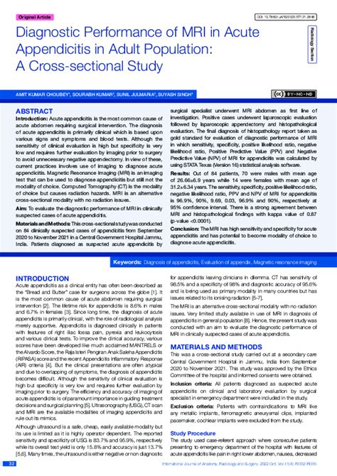 Pdf Diagnostic Performance Of Mri In Acute Appendicitis In Adult Population A Cross Sectional