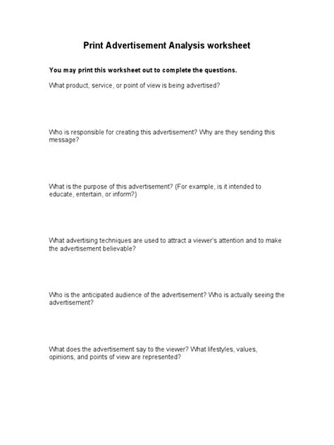 Advertising Analysis Worksheet Pdf Worksheets Library