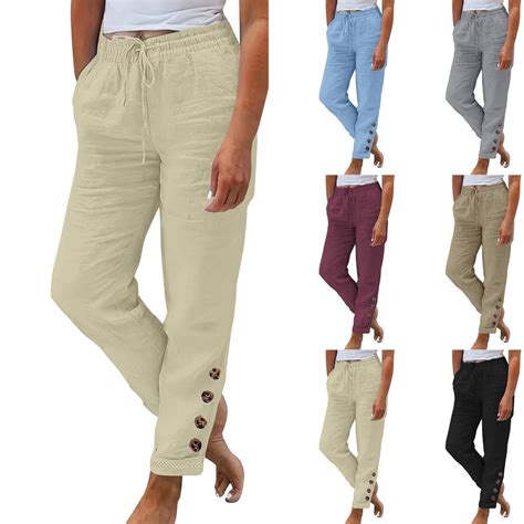 Купити Жіночі літні широкі брюки з бавовни та льону з кишенею на еластичній талії вільні штани
