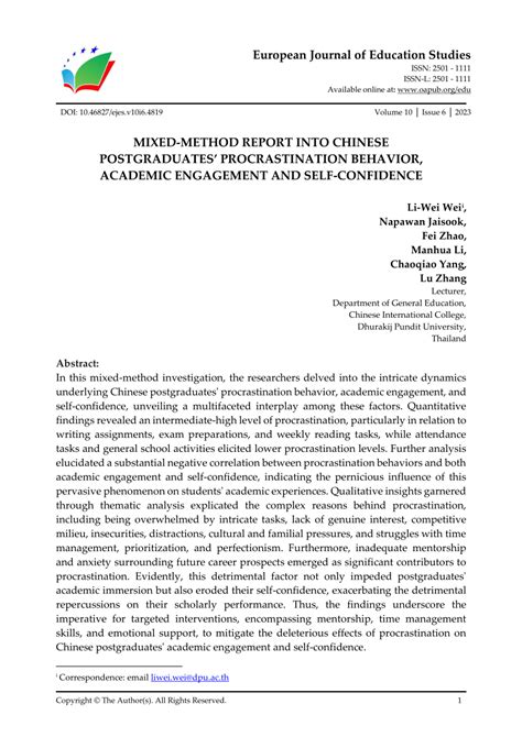 Pdf Mixed Method Report Into Chinese Postgraduates Procrastination Behavior Academic