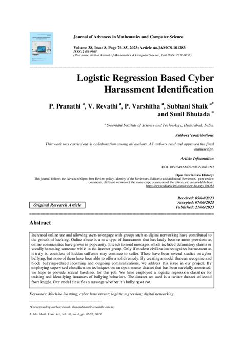 Pdf Logistic Regression Based Cyber Harassment Identification