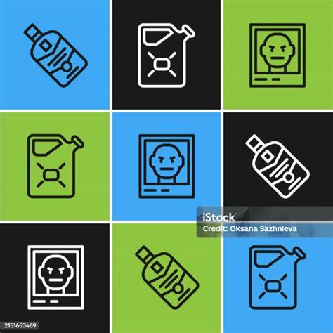 Набор Бутылка Виски Плакат Разыскивается И Значок Топлива Канистра Вектор — стоковая векторная