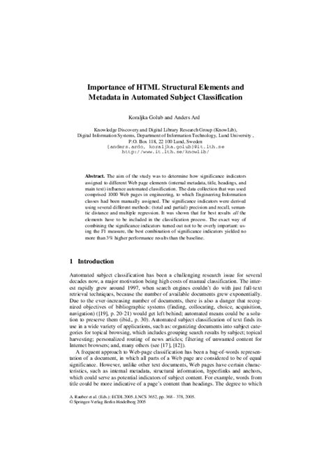 Pdf Importance Of Html Structural Elements And Metadata In Automated Subject Classification