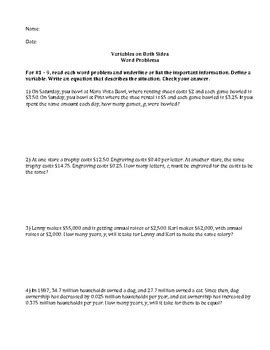Variables On Both Sides Word Problems Notes By Algebra All Around