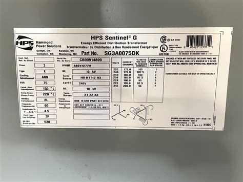 Hammond Power Solutions Sentinel G 75kva Transformer