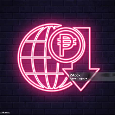 Peso Rate Decrease Glowing Neon Icon On Brick Wall Background Stock