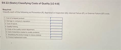 Solved E4 22 Static Classifying Costs Of Quality Lo 4