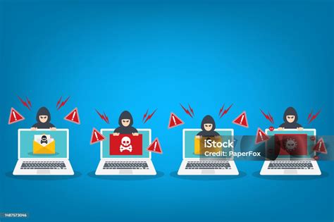 Hacker Malware Notification On Laptop Computer Hacker With Laptop Computer Stealing Confidential