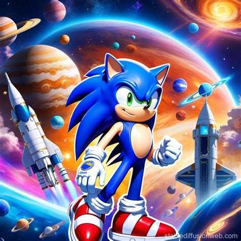 Sonic In Space With Astronaut Gear And Approaching Jupiter Stable