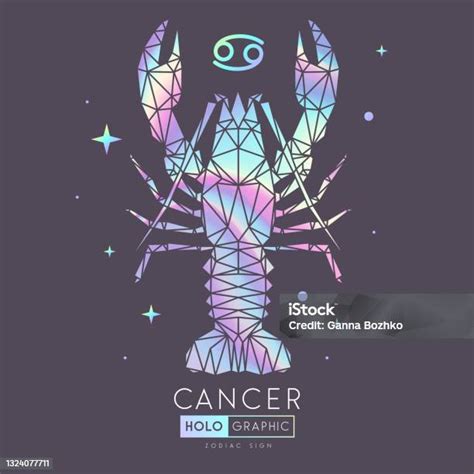 점성술 암 조디악 기호현대 마법 홀로그램 마술 카드 폴리골라 스타일의 랍스터 일러스트 게자리에 대한 스톡 벡터 아트 및 기타