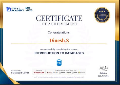 Dinesh S On Linkedin Database Certification Learningjourney Datamanagement Nxtwave